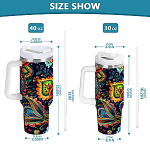 xigua 30 oz Paisley Flower Tumbler with Handle and Straw Lid, Stainless Steel Vacuum Insulated Sports Water Bottle, Keeps Cold or Hot Coffee Cup Travel Mug