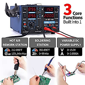 YIHUA 853D 2A USB SMD Hot Air Rework Soldering Iron Station, DC Power Supply 0-15V 0-2A with 5V USB Charging Port and 35 Volt DC Voltage Test Meter