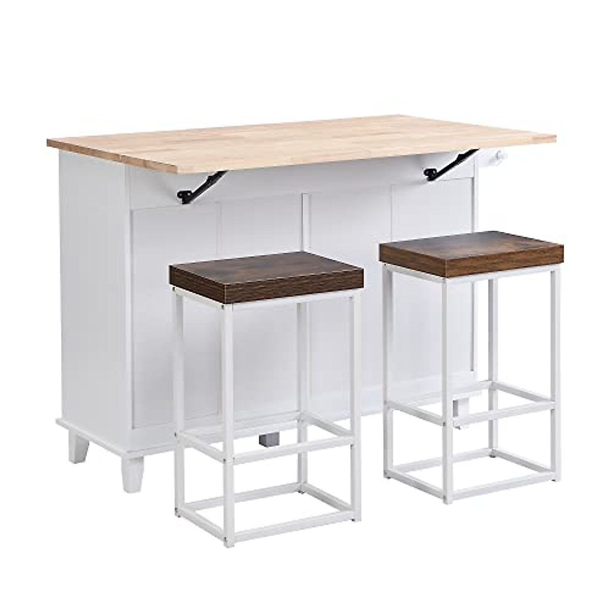 Bellemave Kitchen Island Set with Drop Leaf and 2 Seatings,Dining Table Set with Storage Cabinet,Drawers and Adjustable Shelves( White+Rustic Brown)