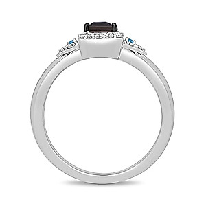 Jewelili Enchanted Disney Fine Jewelry Sterling Silver 4 MM Square Smoky Quartz and 1.25MM Cabochon Round Turquoise with 1/10 Cttw Natural White Round Diamond Pocahontas Ring, Size 7