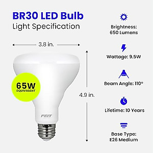 Feit Electric BR30 LED Light Bulbs, 65W Equivalent, Non Dimmable, 10 Year Life, 650 Lumens, 2700K Soft White, E26 Base Recessed Can Light Bulbs, Flood Light Bulbs, Damp Rated, 3 Pack, BR30/10KLED/3