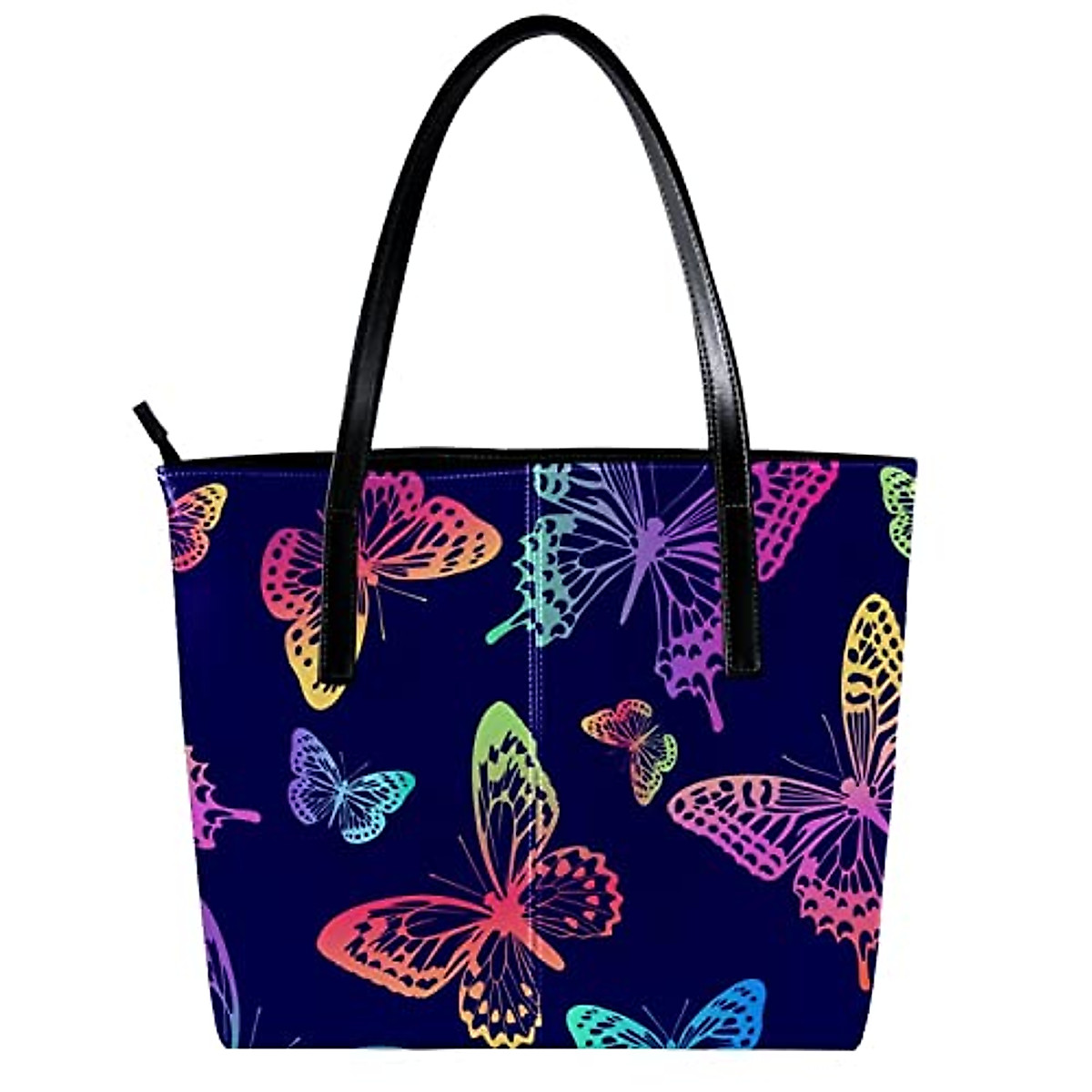 Women Tote Shoulder Bag, Colorful Butterflies Leather Work Handbag with Zipper for Teens College Students
