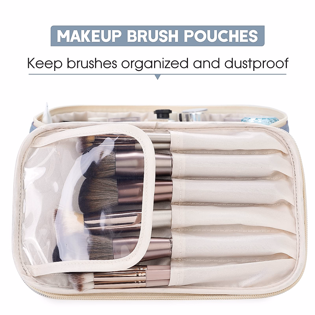 Narwey Travel Makeup Bag with Brush Compartments，Portable Cosmetic Bag，Make up Bag Makeup Organizer Case with Brush Storage for Women (Greyish Blue-1)