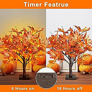FastDeng 1.5ft Lighted Maple Tree, Artificial Fall Tree Light, Timer 36 LED Light, 72 Leaves, 6 Acorns Autumn Tabletop Tree Battery Operated for Indoor Fall Harvest Home Decor, Thanksgiving Decoration