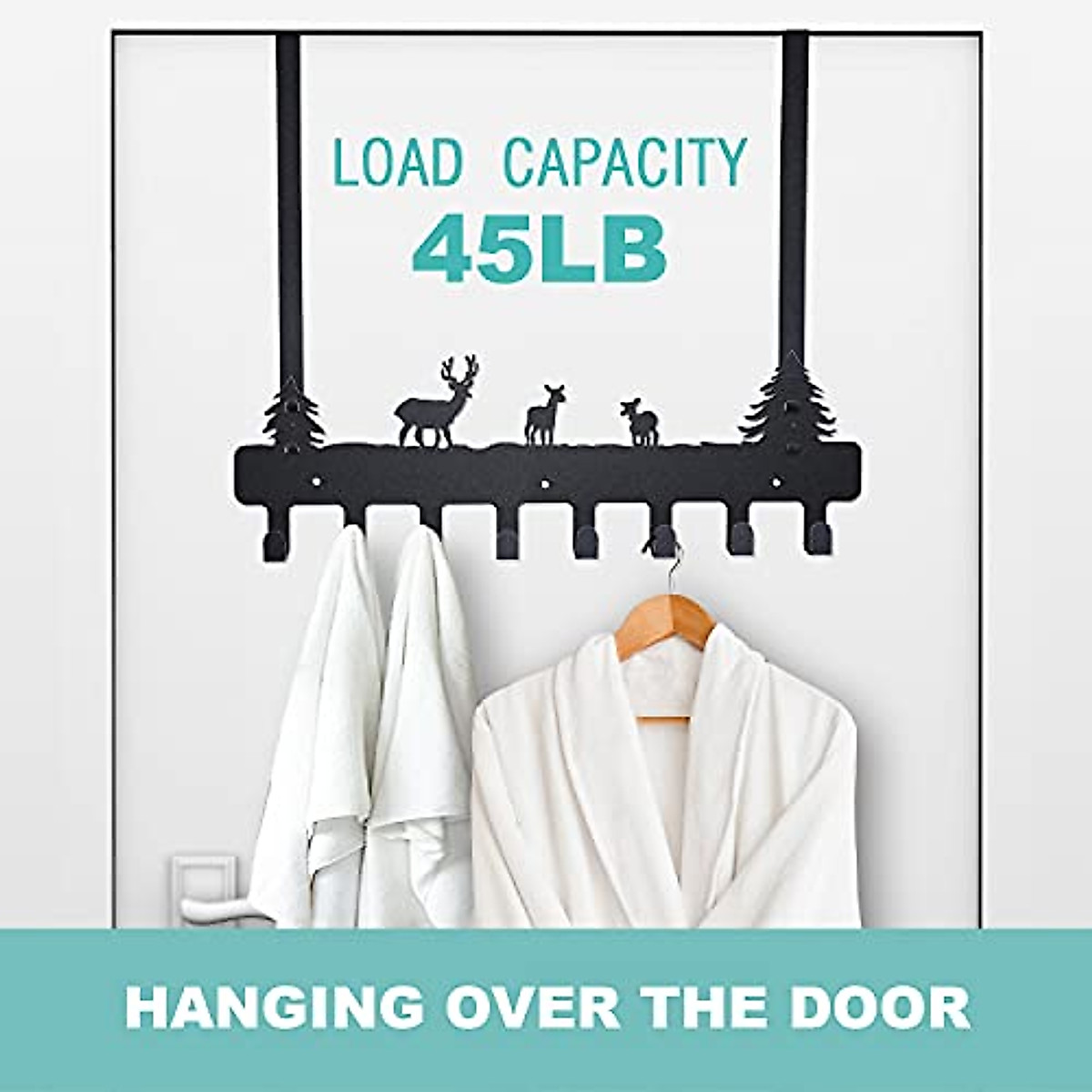 Over The Door Hooks Hanger 17.7" 8 Hooks, Door Mount Towel Rack Towel Hooks for Bedroom Kitchen Pool Beach Towels Bathrobe Wall Mount Hang on The Door Cabinet Cupboard Metal Sandblasted (Black)