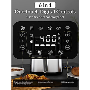 Air Fryer Oven 5.5Qt, 6 Presets Digital Display Compact Cooker,Space-saving, Nonstick & Dishwasher Safe Basket, Stainless Steel,Kitchen Elite