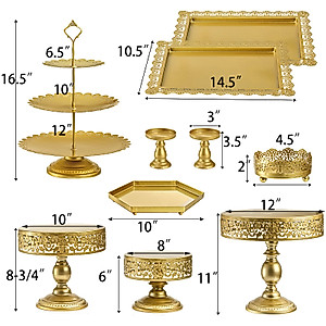 Jucoan 10 Pieces Gold Metal Cake Stand Set, Cupcake Holder Pastry Candy Fruits Serving Plate, Gold Dessert Table Stands and Trays Set for Wedding Birthday Baby Shower Bridal Party