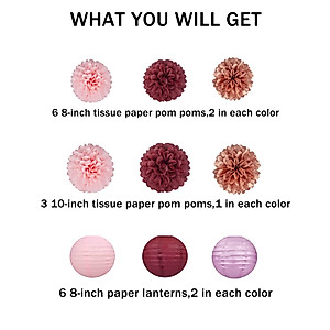 Rose-Gold Pink Burgundy Party Decorations - 15Pcs Tissue Pom Poms Paper Flowers Paper Lanterns Girl Birthday Baby Bridal Shower Bachelorette Engagement Wedding Mothers Day Valentines Galentines Decor