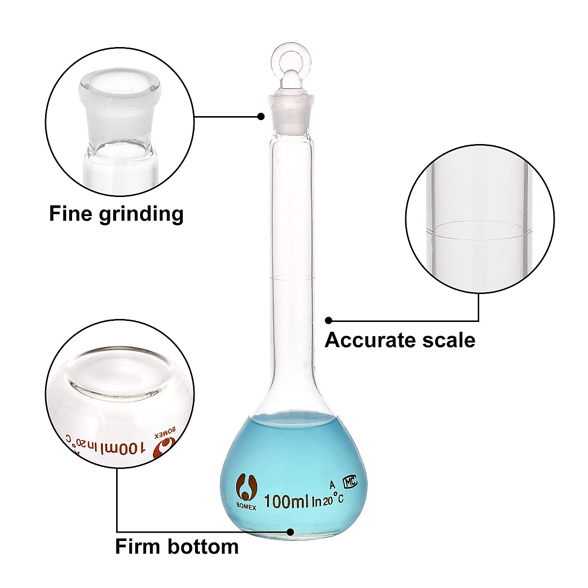 OLYCRAFT 4pcs Volumetric Flask 10ml/25ml/50ml/100ml Volumetric Flask Set with Glass Cap Durability & Chemical Resistance Glass Bottle for Laboratory Project