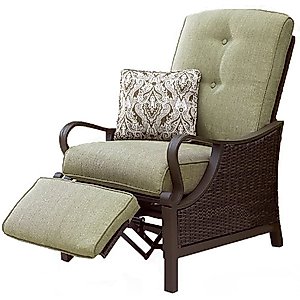 Hanover Ventura Steel Outdoor Patio Woven Luxury Recliner with Brown Wicker, Vintage Meadow Green Cushions and Pillow