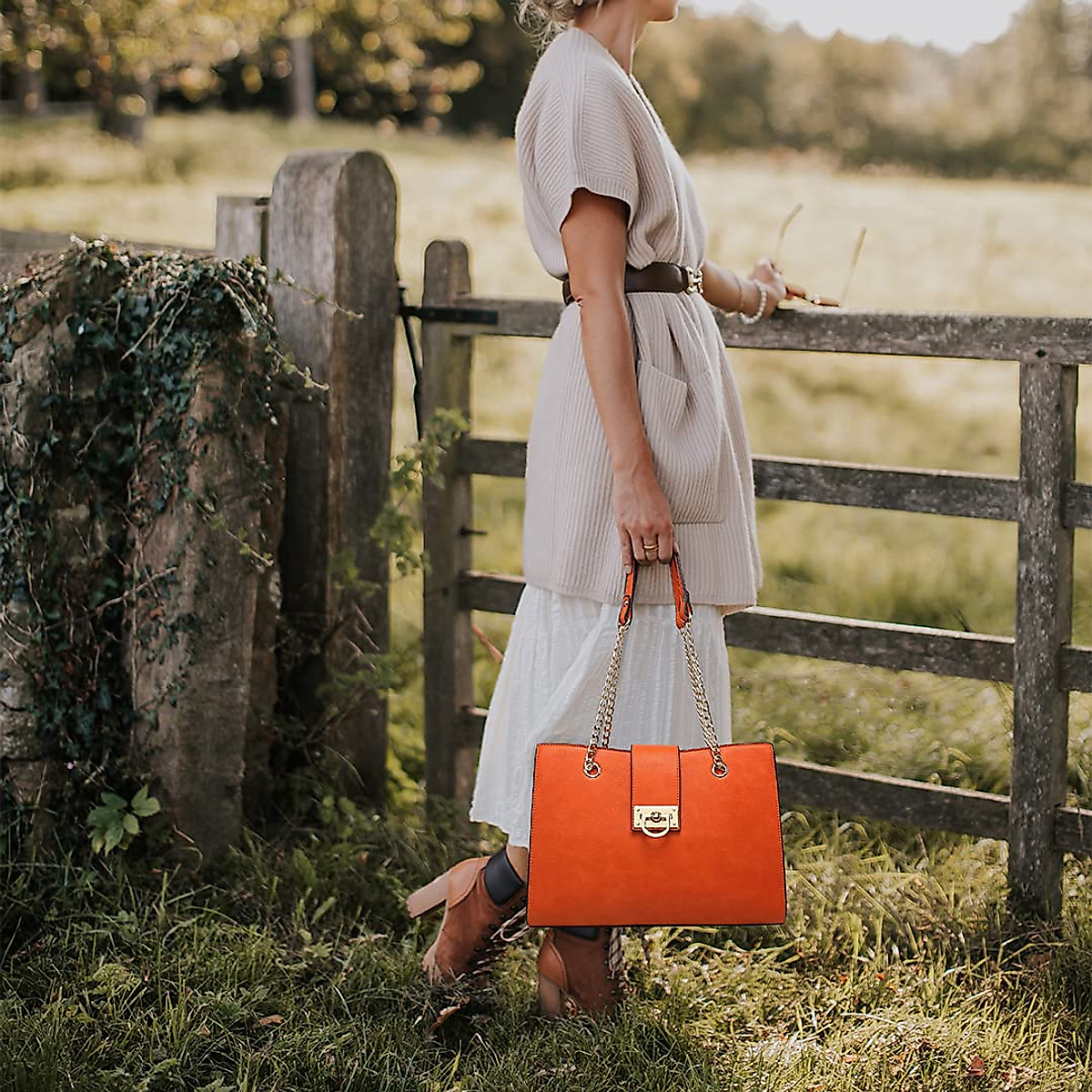 Dasein Women Fashion Tote Bags Handbag Purse Chain Shoulder Bag Top Handle Bag Hobo With Matching Clutch (Orange)