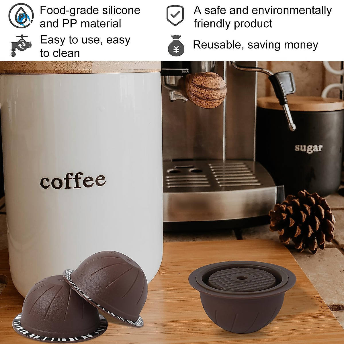 5pcs Reusable Pods for Nespresso Machine, 150ml Refillable Coffee Capsule with 2 Silicone Lids, 1 Spoon, 1 Brush, Compatible with Nespresso