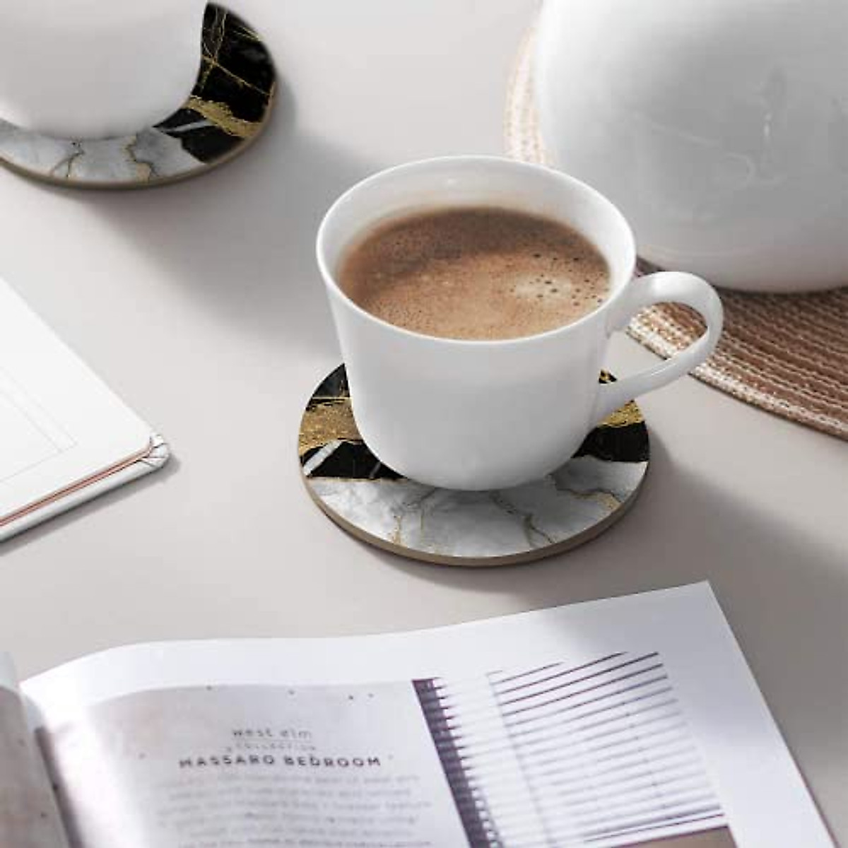 4Pcs Absorbent Drink Coasters Black Gold Grey Marble Pattern Round Coaster with Cork Backing Non-Slip for Home Office 4in