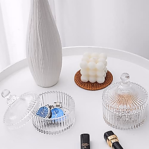 rejomiik 2 Pack Qtip Holder Dispenser Thick Glass Apothecary Jars with Lid for Bathroom Canister Storage Organizers for Vanity, Counter, Makeup Tables for Cotton Swabs, Ball, Floss, Candy, Clear