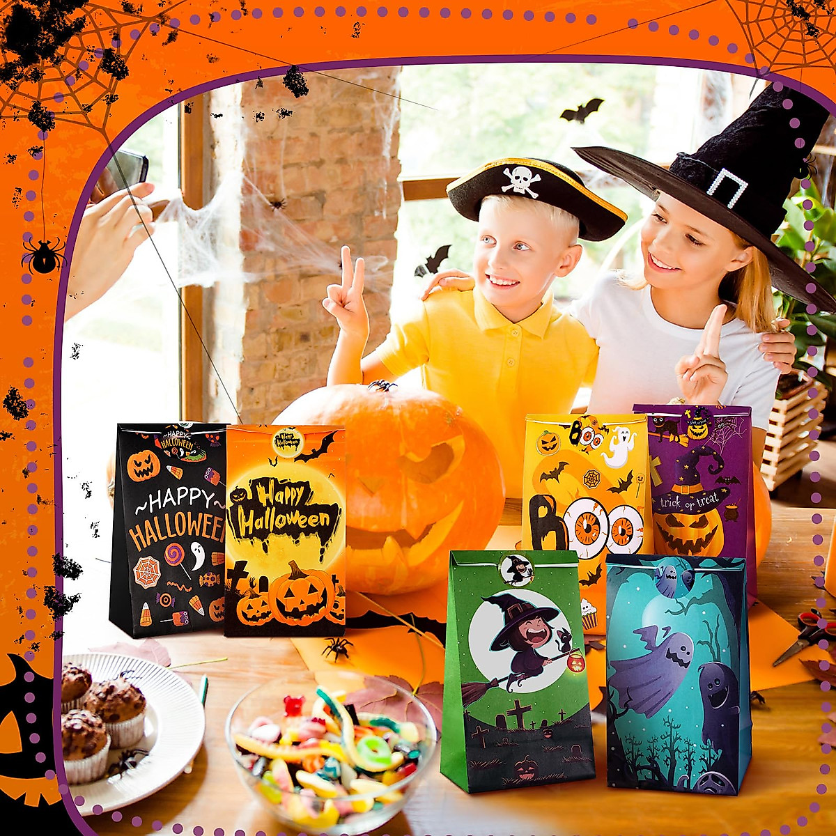 Qilery Halloween Party Favors for Kids with 96 Pieces Halloween Candy Bags Trick or Treat Bulk Halloween Goodie Bags and 96 Pcs Halloween Stickers for Party Supplies Gifts, 12 Styles(Scary Style)