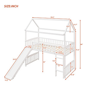 Twin Loft Bed with Slide, Wood House Loft Bed Twin with Slide and Safety Guardrail, Kids Twin Bedframe with Slide, House Loft Bed for Kids Teens Boys Girls, No Box Spring Needed (White, Twin)