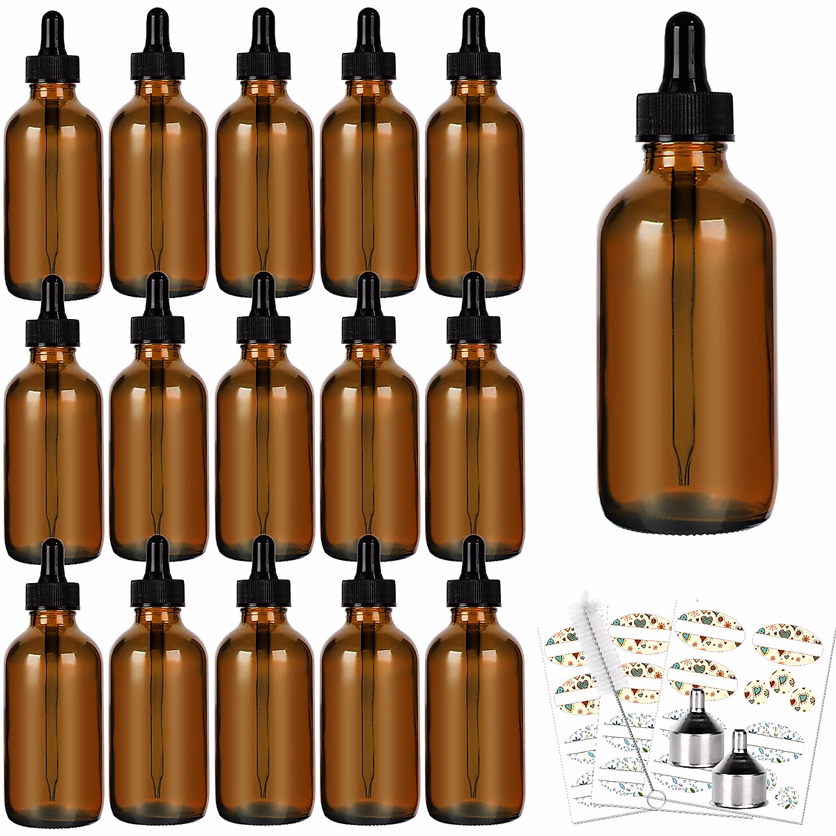 CycleMore 16 Pack (120 ml) 4 oz Amber Glass Boston Bottles with Glass Eye Droppers, Glass Dropper Bottles for Essential Oils & Lab Chemicals & More Liquids Ideal for Mom & Friends