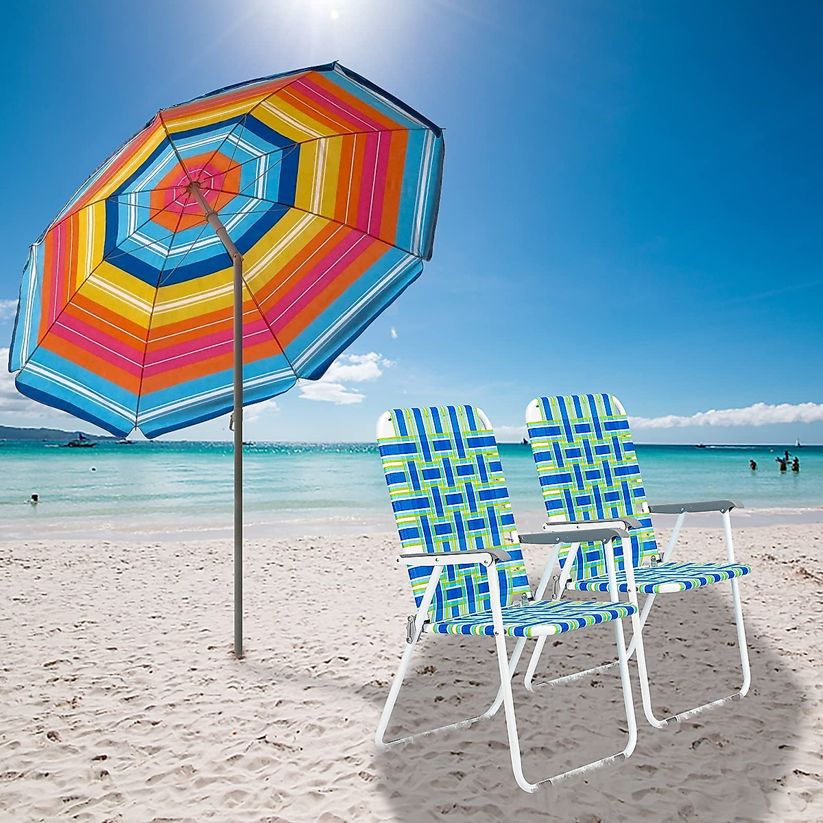 Set of 2 Patio Lawn Webbed Folding Chairs, Outdoor Beach Chair Portable Camping Chair, Webbed Folding Chair for Yard, Garden,Blue