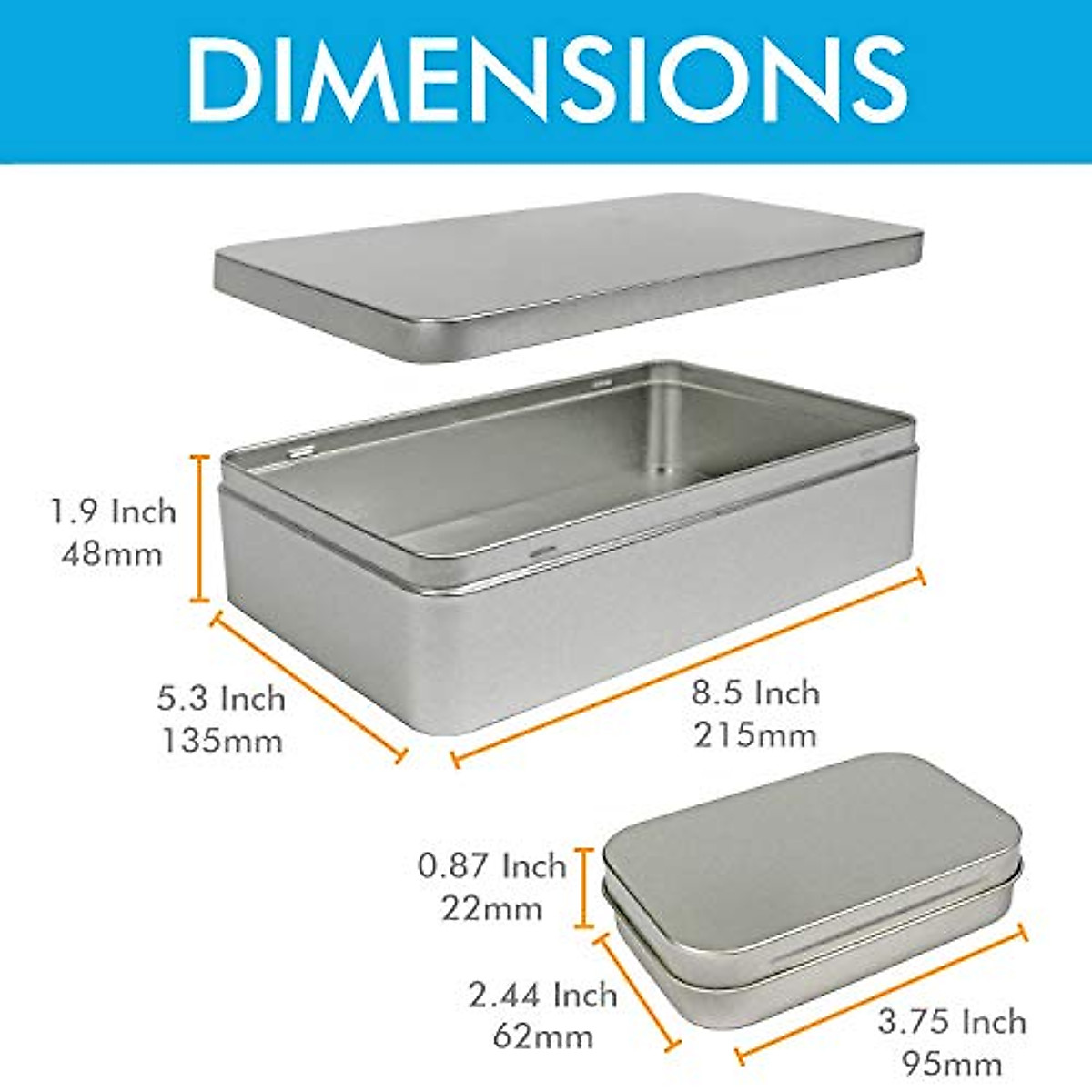 XL (8.5 x 5.3 x 1.9 In) Silver Metal Rectangular Empty Tin Box Containers for Gift Jewelry Craft Storage Organization with 1 Piece 3.75 by 2.45 by 0.8 Inch Hinged Small Tin Box (1 Large 1 Small)