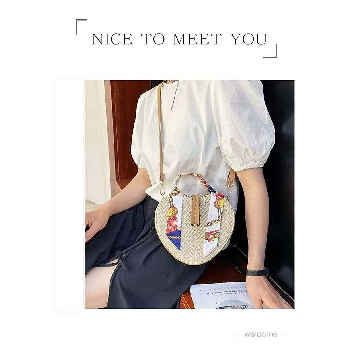 Dajingkj Fashion Ribbon Beach Bag Heart Shaped Purse Handheld Straw Bag Shoulder messenger bag for Women (creamy-white)