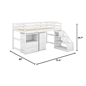 HYC Twin Loft Bed with Multifunctional Movable Built-in Desk, Wood Low Loft Bed with Stairs, for Kids Teens Girls Boys,White