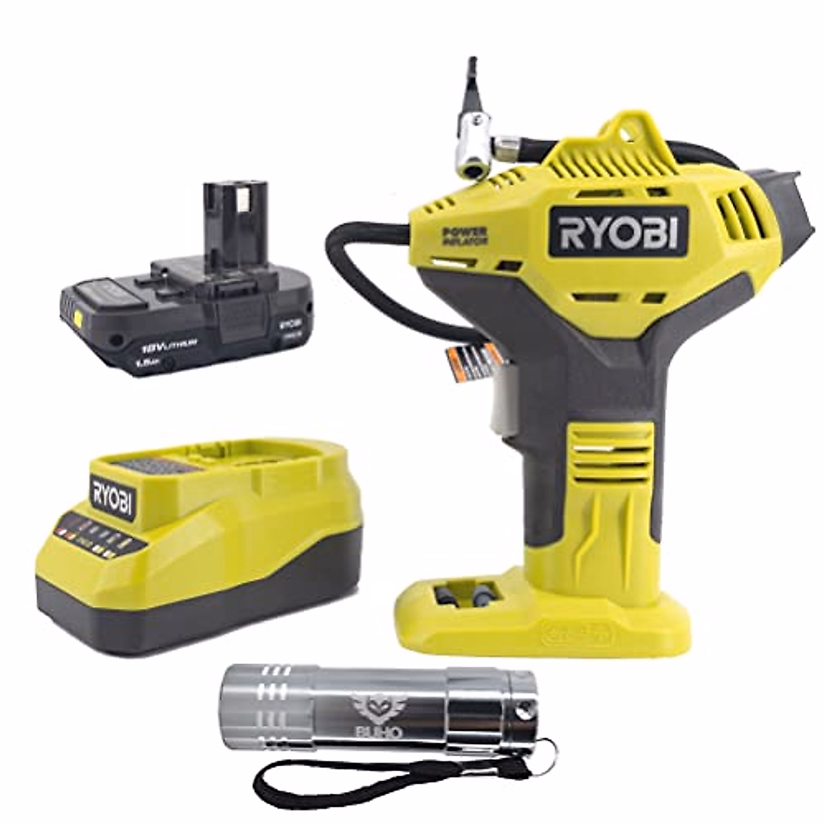 Ryobi P737D 18-Volt One+ Tire Inflator Bundle with Battery, Charger and Buho Flashlight
