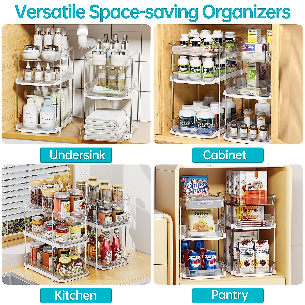 Delamu 2 Sets of 3-Tier Bathroom Under Sink Organizers and Storage, Multi-Purpose Stackable Pantry Organization and Storage, Pull Out Clear Kitchen Bathroom Cabinet Organizer with Movable Dividers