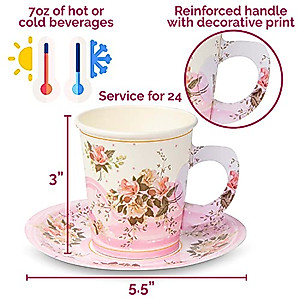 ROYAL BLUEBONNET Paper Tea Cup Set, 24 Disposable Teacups with Handles & Saucers, Floral Design for Hot & Cold Drinks, Tea Party Decorations, Tableware