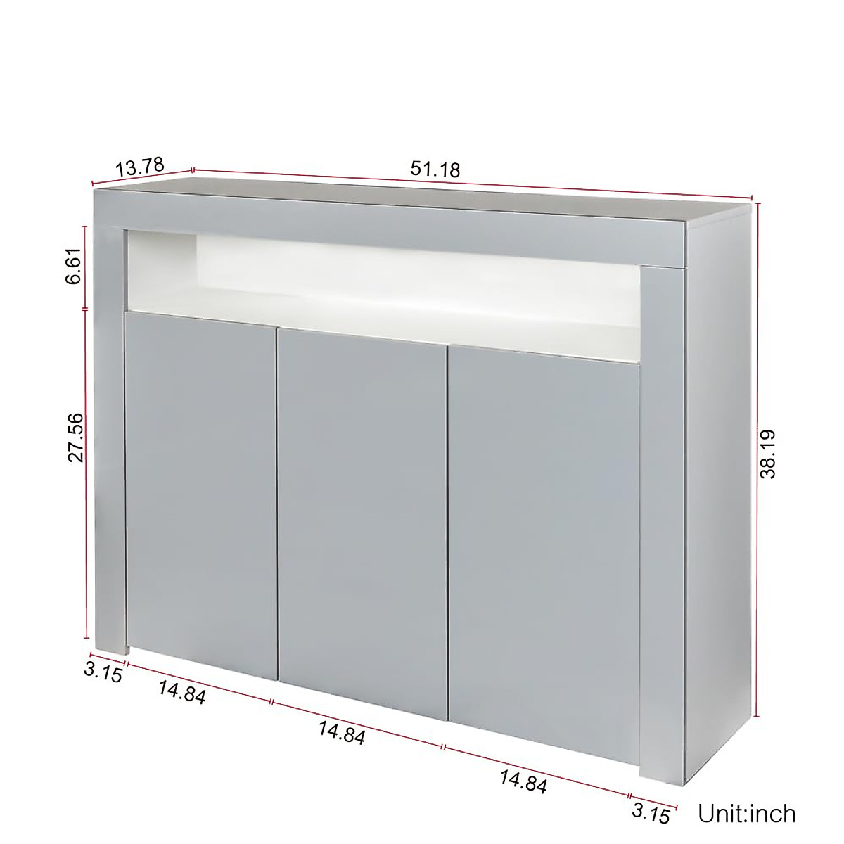 Yone jx je Living Room Sideboard Storage Cabinet Black High Gloss with LED Light, Modern Kitchen Unit Cupboard Buffet Wooden Storage Display Cabinet TV Stand with 3 Doors for Hallway Dining Room