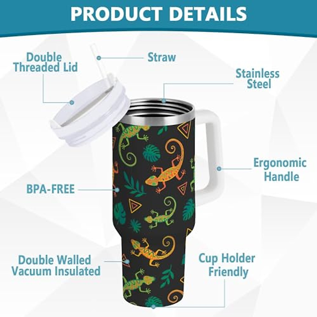Caikeny Insulated Tumblers with Lid and Straw Tropical Lizards Leaves 40 oz Reusable Stainless Steel Cup Palm Leaf Water Bottle Coffee Travel Tumbler Mug for Women Men