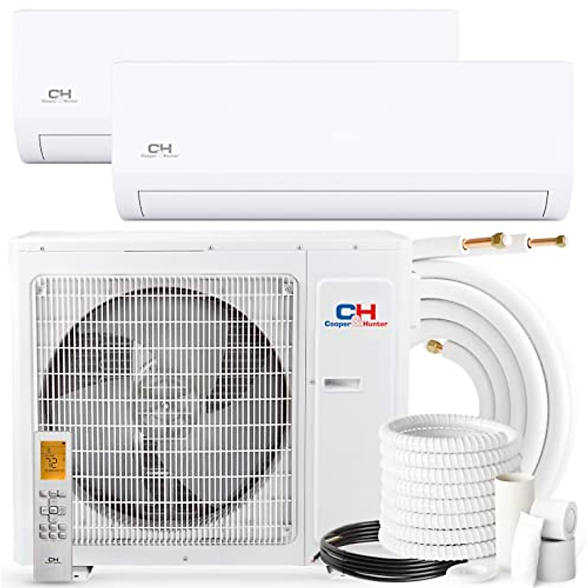 Cooper & Hunter Dual Zone 9,000 + 12,000 BTU Ductless Mini Split AC/Heating System, Pre-Charged, Heat Pump, 21.3 SEER Including 25FT Copper Line Set And Communication Wires