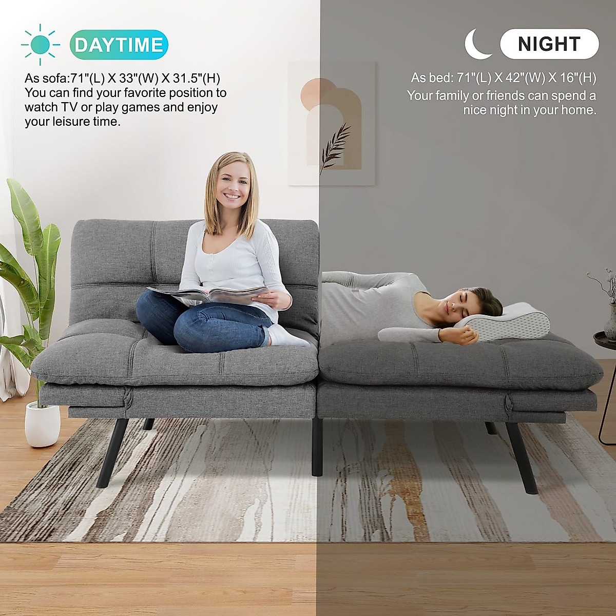 MUUEGM Futon Sofa Bed,Convertible 71" Couch Sofa, Modern Grey Sleeper Sofa with Adjustable Backrest for living room,Memory Foam Sofa Futon Couch Bed,Light Grey