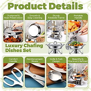 6 Pack Round Chafing Dish Buffet Set with Food Tongs 4 qt Stainless Steel Round Chafers for Catering, Buffet Server and Warmer Set Chafers Food Warmers for Party Banquet Wedding Events
