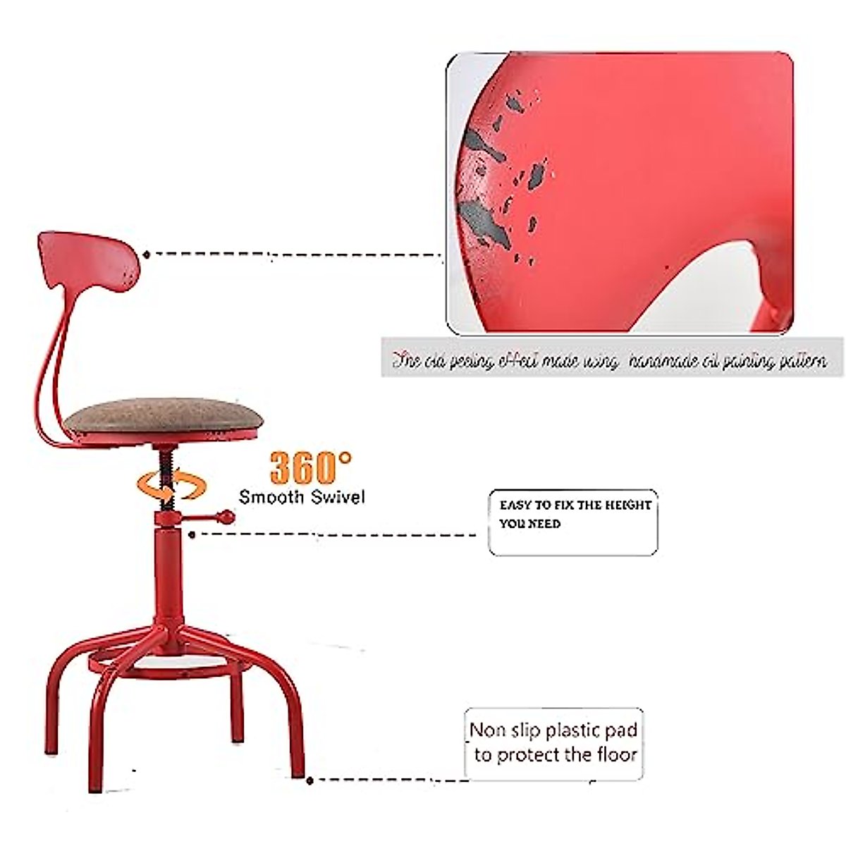 Topower 3-Piece Pub Bar Set Industrial Round Bar Table and Adjustable Height PU Seat Stools with Backrest for 2 Match Bar Height and Counter Barstool Antique Red 1 Table + 2 Chairs