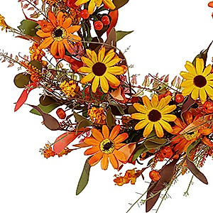 Fall Front Door Wreath,20” Artificial Floral Wreath with Orange Daisies and Foliage,Autumn Wreath with Small Pumpkin and Berry for Home Wall Window and Thanksgiving Decor-Beautiful Gift Box Included