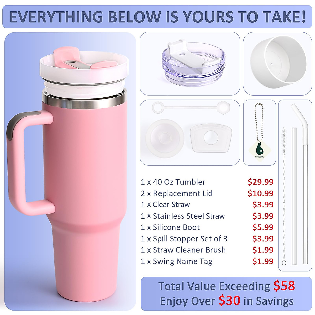 LiqCool 40 oz Tumbler with Handle 2 Straws and 2 Lids, Silicone Boot & Leak-proof Spill Stopper Set, Double Wall Vacuum Insulated Stainless Steel Tumbler Keep Cold 26H Cupholder Friendly(Pink)