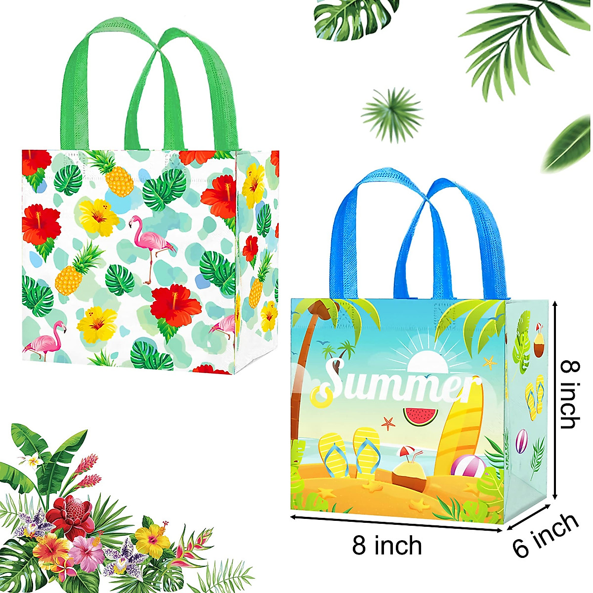 Hawaii Aloha Party Bags Summer Pool Beach Pineapple Watermelon Flamingo Theme Non-Woven with Handles Gift Treat Bags for Hawaiian Summer Pool Party Supplies