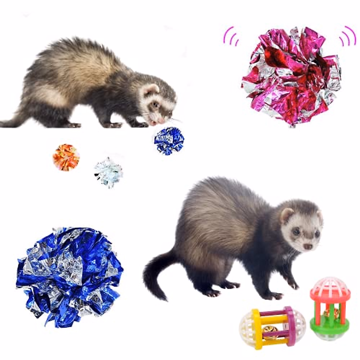 HAICHEN TEC 11 Pack Ferret Toys Set - Mylar Crinkle Balls Hollow Sound Toy with Bell Interactive Exercise Scratch Play Chasing Chewing Toys Random Color for Indoor Pet Ferret Cat Kittens (11 Pack)