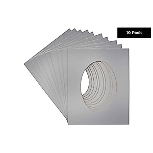 Metallic Silver Acid Free 10x12 Oval Picture Frame Mat with White Core Bevel Cut for 8x10 Pictures - Fits 10x12 Frame - Pack of 10 Matboard Show Kits With Acid Free Backings & Clear Bags