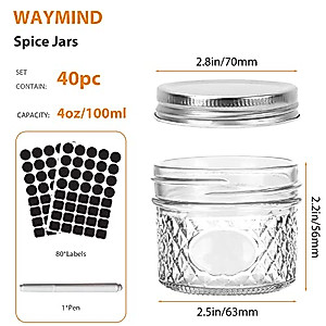 Waymind Set of 40 4oz Glass Jars With Silver Lids,Mason Jars,Glass Jars with lids,Ideal for Honey,Jam,Baby Foods,Wedding Favor