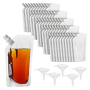 50 Pack 8oz Reusable Plastic Drink Pouches with Funnels for Juice, Soda, Beer (7 x 4 In)
