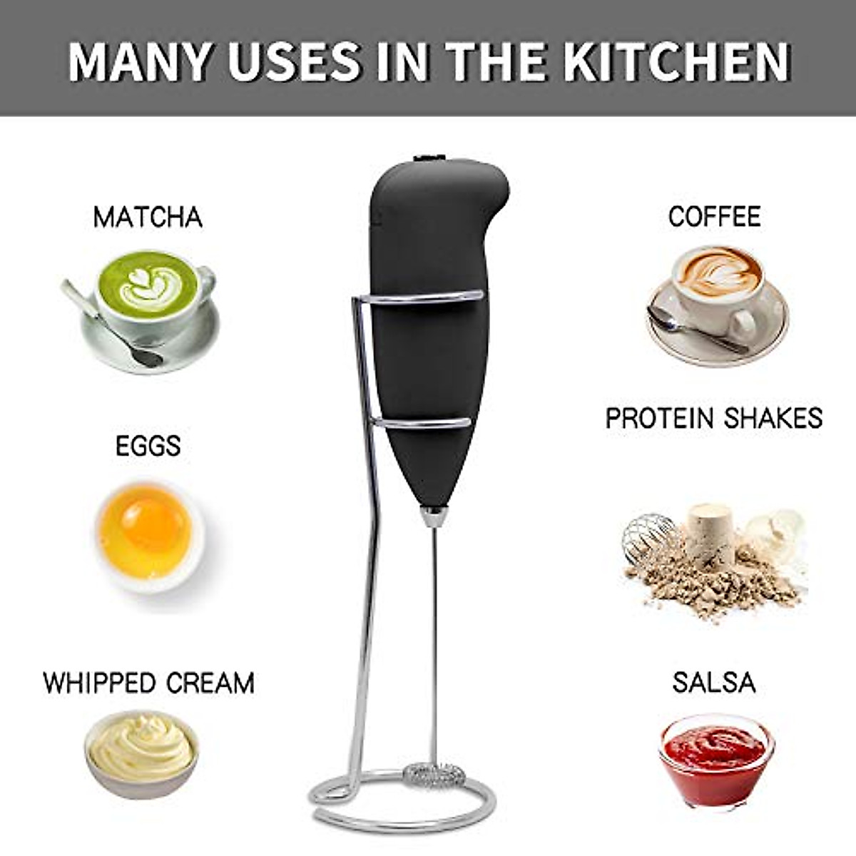 SONWELL Coffee Milk Frother Handheld BLACK, Drink Coffee Mixer with Stainless Steel Stand, Battery Operated Electric Foam Maker, Milk Foamer for Lattes,Frappe, Matcha, Hot Chocolate BLACK