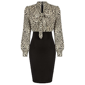 GRACE KARIN Women Business Colorblock Bodycon Sheath Dress Long Sleeve Tie Neck Office Leopard Pencil Dress Wear to Work Leopard M