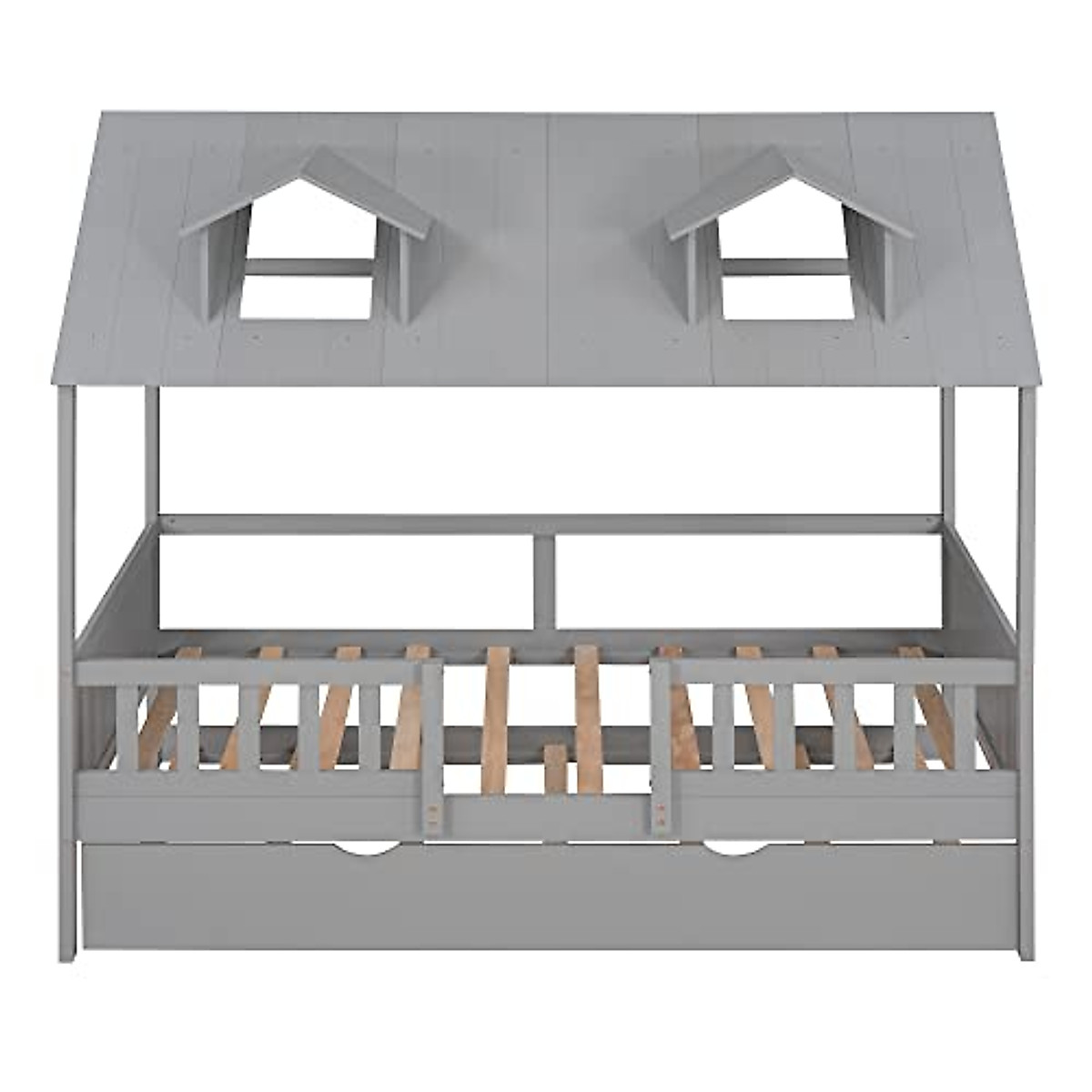Twin Size House Bed Wood Bed with Twin Size Trundle (Gray)