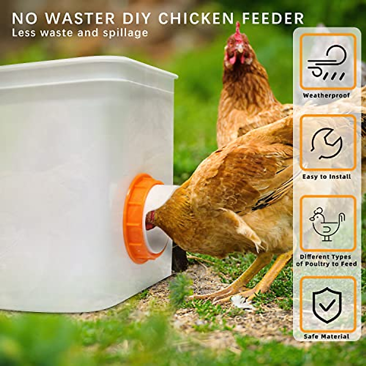 DSTANA DIY Chicken Feeder No Waste 4 Ports Automatic Poultry Feeder with 4Pcs Stopper & 1 Hole Saw, Weatherproof Reusable Gravity Chicken Feeder Kits for Buckets, Barrels, Bins, Troughs(Orange)