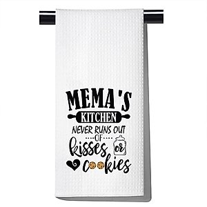 POFULL Mema Gift Grandma Mema Mother’s Day Dish Towel Mema's Kitchen Never Runs Out of Kisses and Cookies Kitchen Decor (Mema Towel)