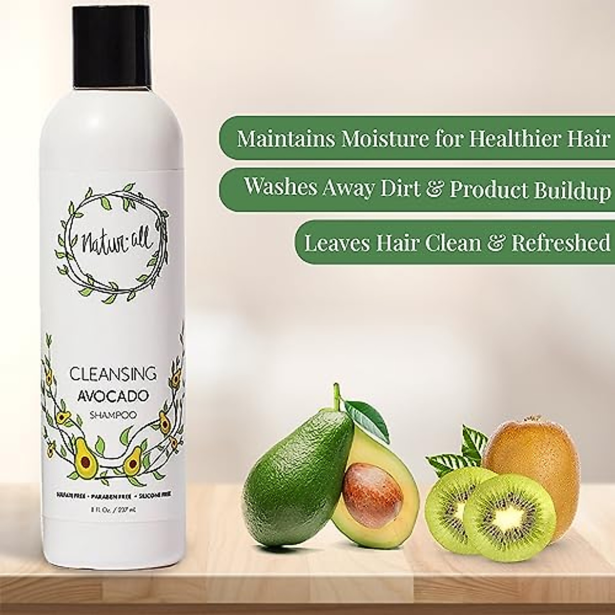 NaturAll Cleansing Sulfate-Free Avocado Shampoo | All Natural, Silicone-Free, Paraben-Free, Cruelty-Free | For Dry, Curly, Coily, or Frizzy Hair | 8 oz