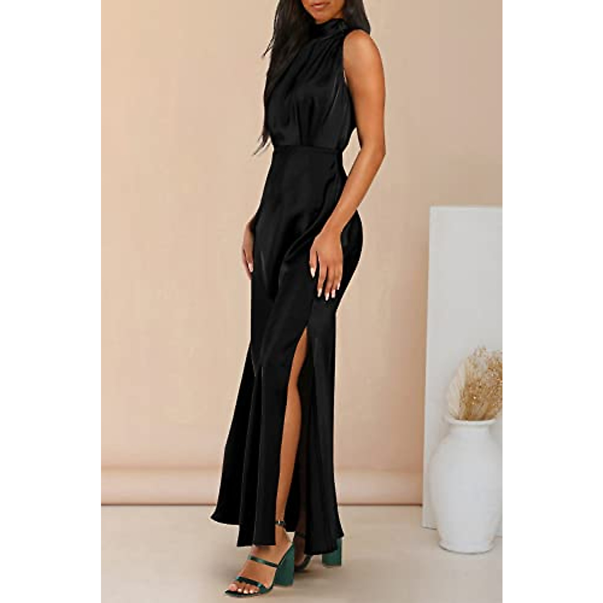 PRETTYGARDEN Women's Long Formal Satin Dress Mock Neck Sleeveless Side Slit Flowy Maxi Tank Dresses (Black,Medium)