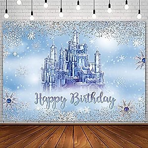 AIBIIN 7x5ft Winter Happy Birthday Backdrop for Baby Blue Winter Onederland Castle Glitter Snowflake Wonderland Photography Background Princess Prince Bday Party Decoration Banner Photo Booth Studio