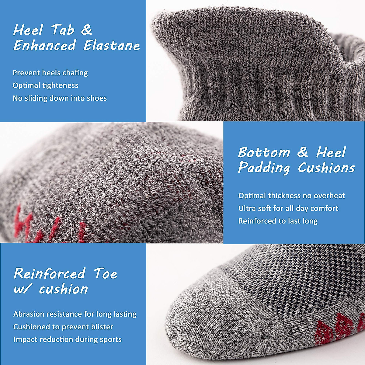 u&i Men's Performance Cushion Cotton Low Cut Ankle Athletic Socks with Tab, Grey (6-Pack)